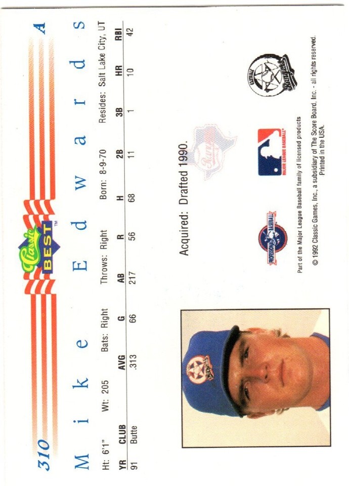 Mike Edwards Autograph 1992 Classic Best Minor League Auto Card RANGERS ...