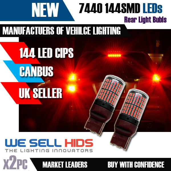 2 x RED AMBER T20 T25 7443 7440 144 CANBUS LED BULBS INDICATOR BRAKE ...