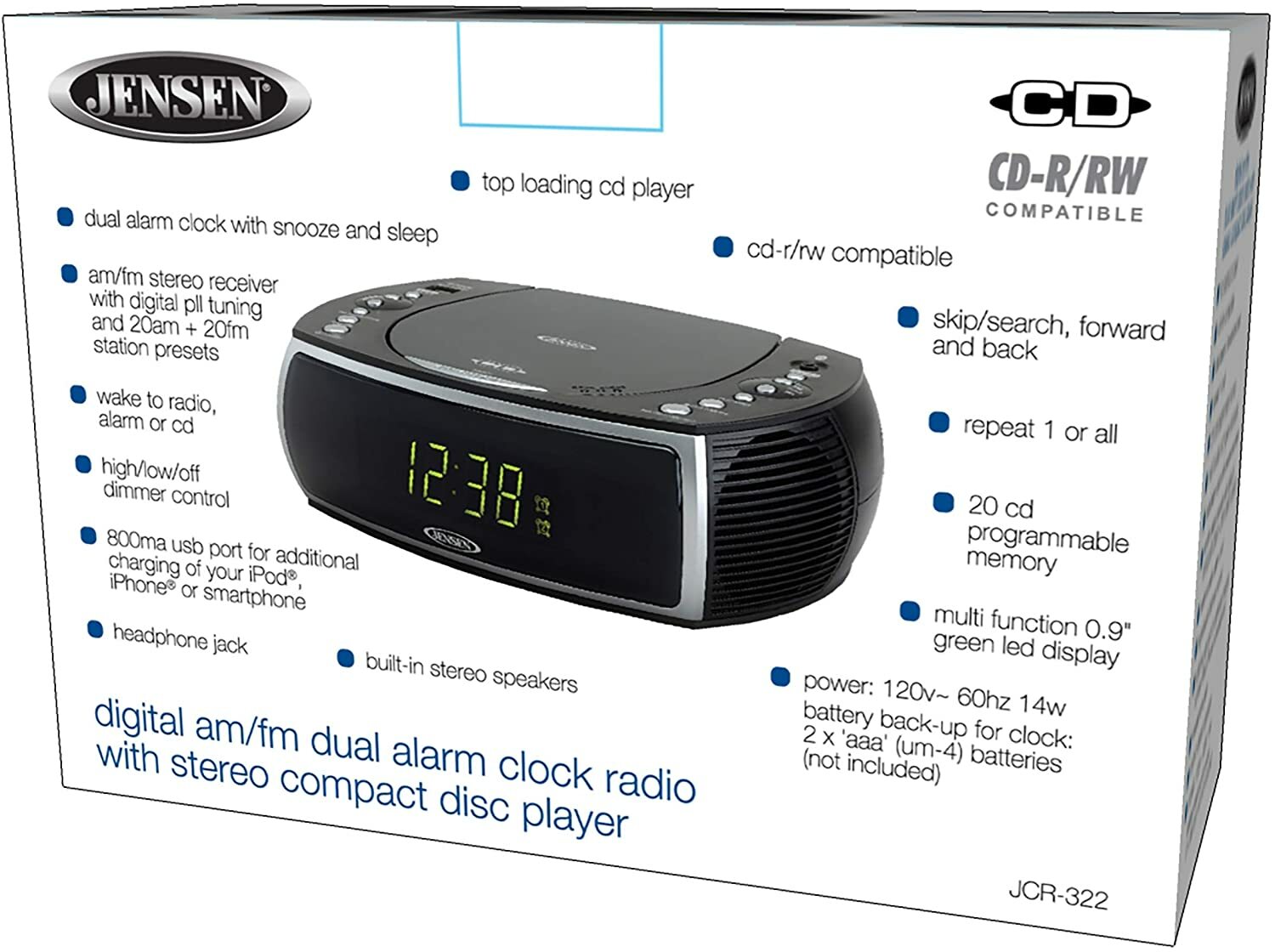 Jensen Jcr322 Modern Home Cd Tabletop Stereo Clock Digital Am Fm Radio