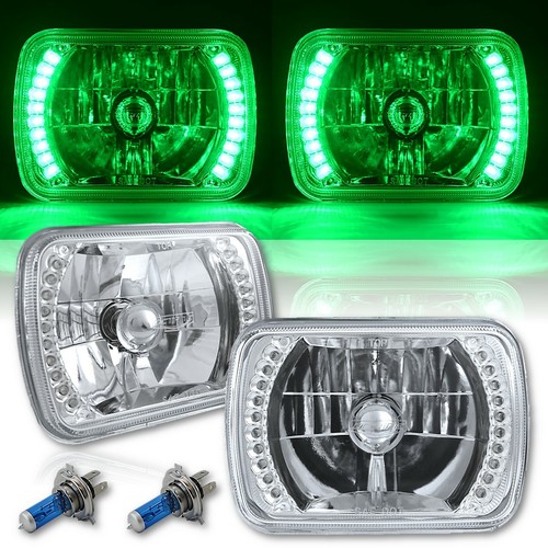 7X6 Green LED Halo Halogen Crystal Clear Headlights Angel Eye Light H4 ...