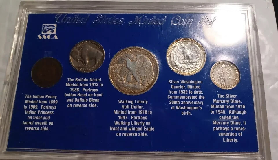 AMERICAN HERITAGE COLLECTION VINTAGE 5 COINS: 1-5-10-25-50 CENT SILVER ...