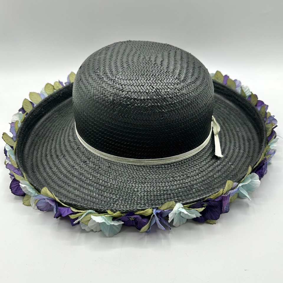 Giovannio New York Wide Brimmed Black Straw Church Hat w/Floral Trim ...