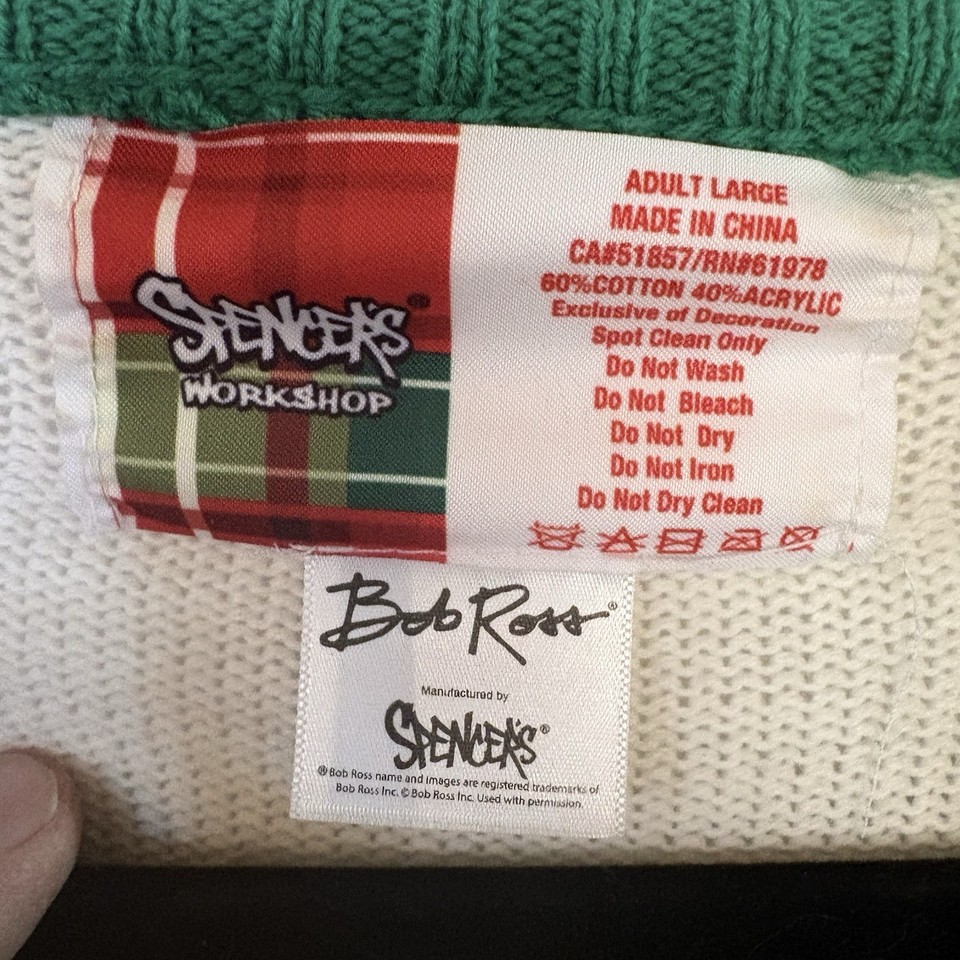 Spencers Bob Ross Ugly Sweater Men L White Happy Little Christmas ...