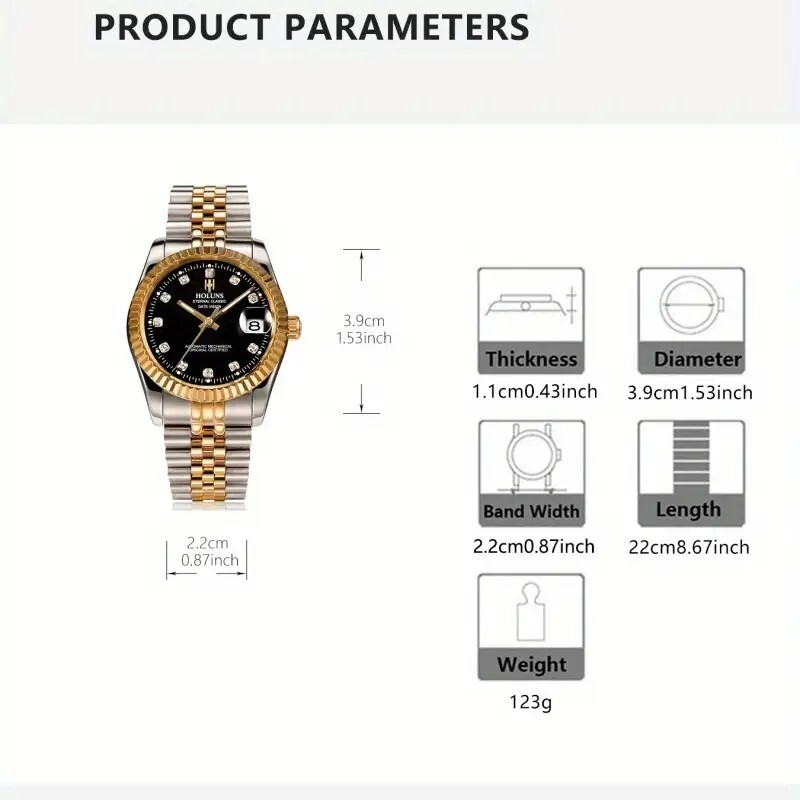 HOLUNS Watch Waterproof AUTOMATIC MECHANICAL BLACK & GOLD | eBay