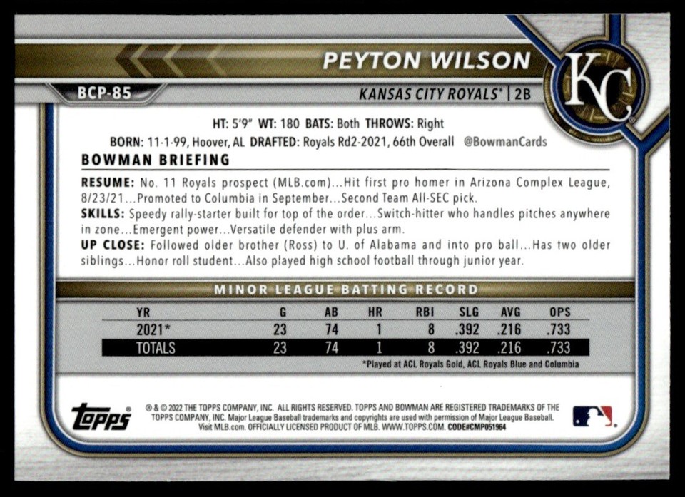 2022 Bowman Sapphire Edition Peyton Wilson Kansas City Royals #BCP-85 | eBay