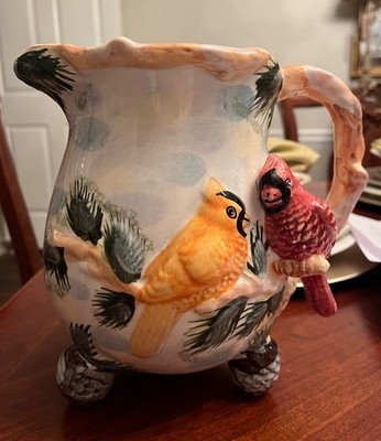 WCL Ceramic Cardinal Bird pitcher with pinecone base, hand painted ...