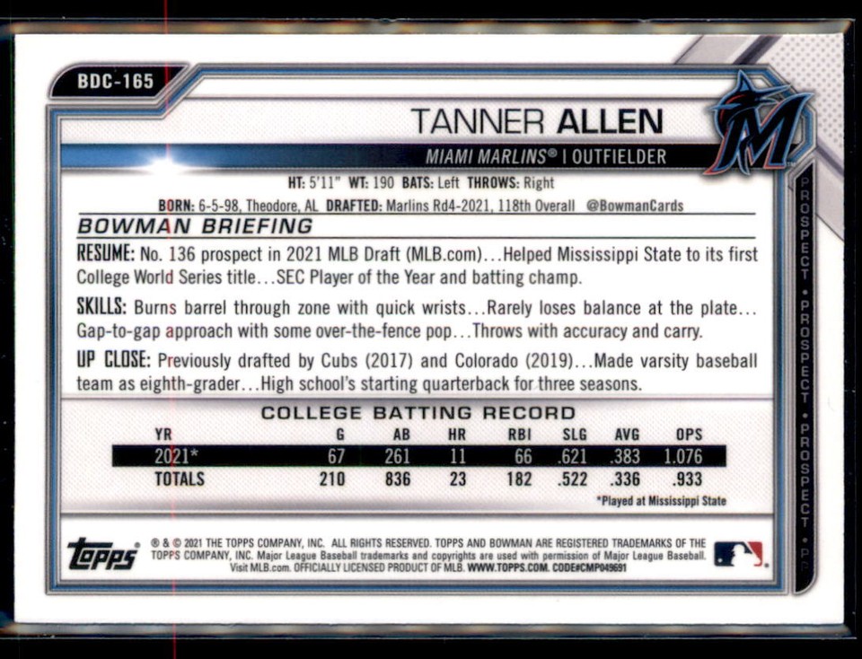 2021 Bowman Sapphire #BDC-165 Tanner Allen NM/MT | eBay