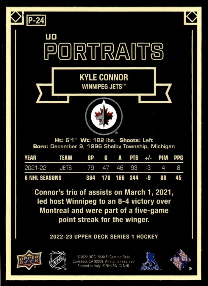 2022-23 Upper Deck UD Portraits Kyle Connor Winnipeg Jets #P-24 | eBay