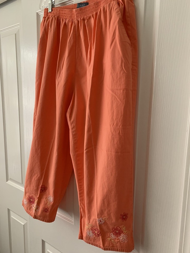 KORET PRETTY ORANGE COTT/SPANDEX EBROIDERERED ELASTIC WAIST CAPRI PANTS ...