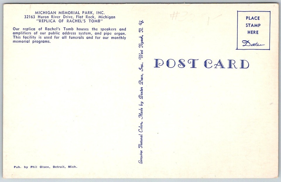Flat Rock Michigan 1960s Dexter Press Postcard Replica Rachel's Tomb ...