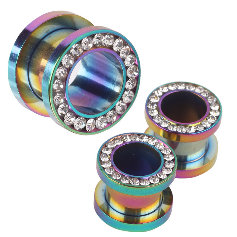 PAIR Stainless Steel RAINBOW CZ Ear Gauges Ear Plugs Flesh Tunnels 8g ...