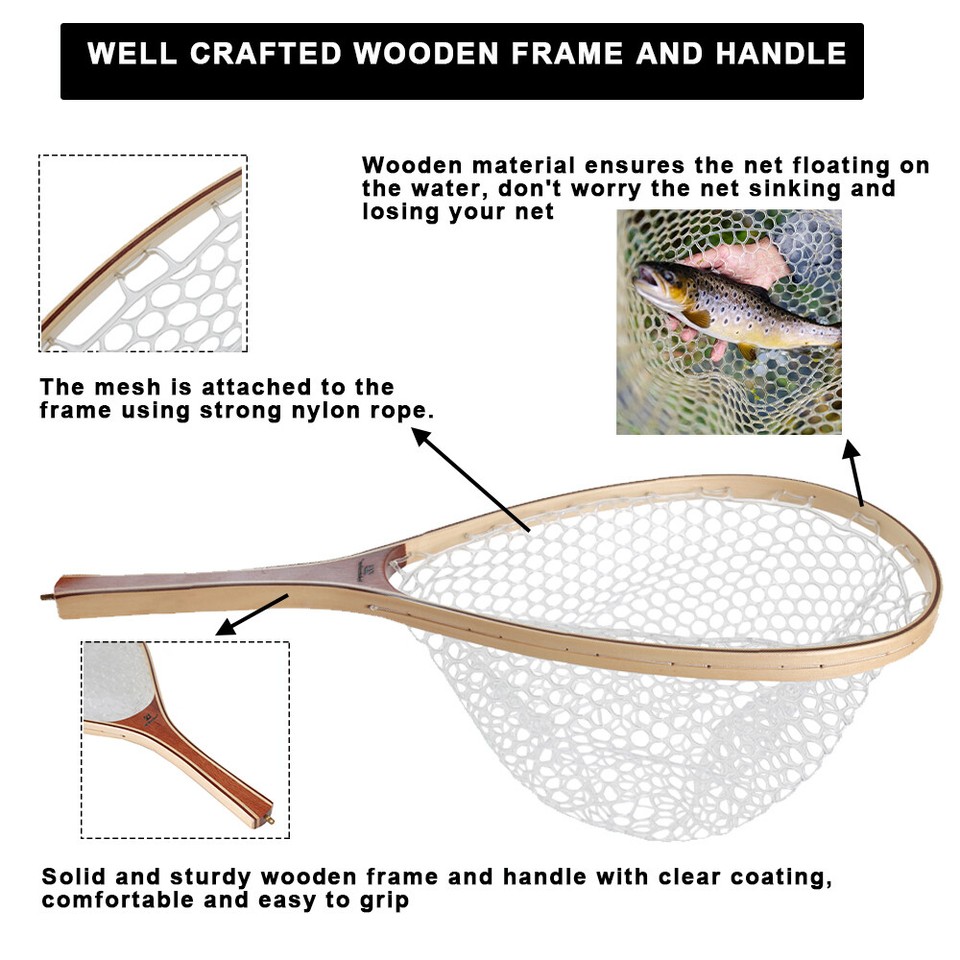 Fishing Landing Net Wooden Frame Trout Fishing Net Soft Rubber Mesh for ...