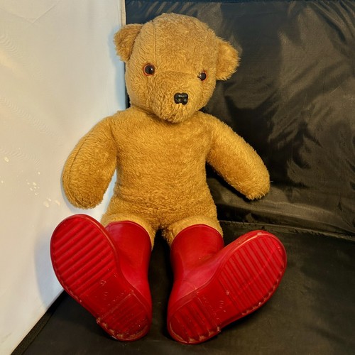 Vintage Honey Brown Teddy Bear Plush Red Wellies 20” High Brown Eyes ...