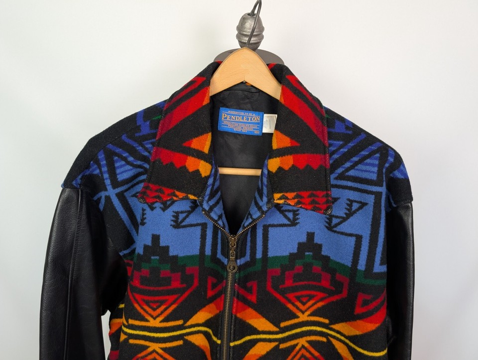 PENDLETON Western Southwest Aztec Leather Sleeves Bomber Jacket Sz XL ...