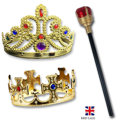 Royal KING QUEEN GOLD CROWN & SCEPTRE Adults Kids Fancy Dress Costume ...