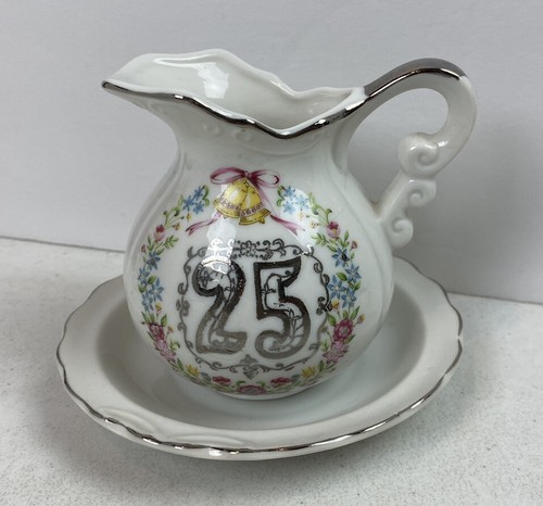 25th Anniversary Mini Wash PITCHER & BOWL Set ENESCO Japan Silver Trim ...