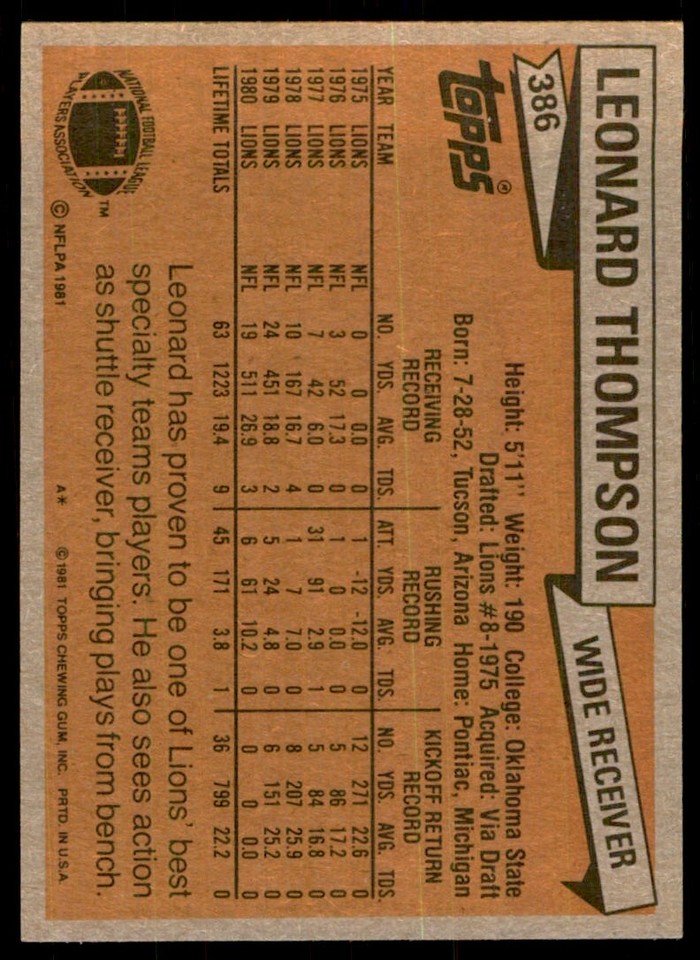 1981 *TOPPS LEONARD THOMPSON DETROIT LIONS #386 | eBay
