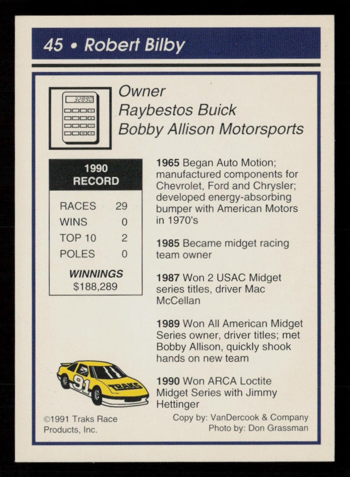 Bob Bilby 1991 Traks #45 RC Rookie Bobby Allison Racing | eBay
