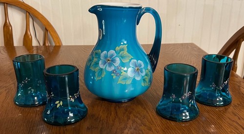 Fenton green glass hand painted pitcher and two glasses set. 75th ...
