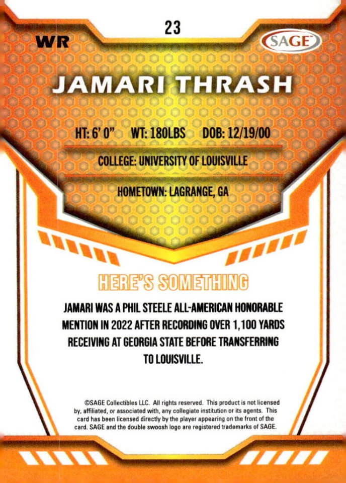 JAMARI THRASH RC 2024 SAGE Hit Low Series Silver #23 ROOKIE NCAA NFL ID ...