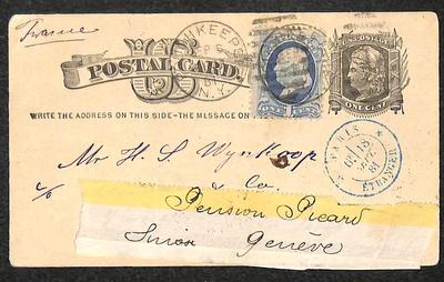 USA SCOTT UX5 POSTAL CARD & #182 STAMP FRANCE SWITZERLAND FORWARDING ...