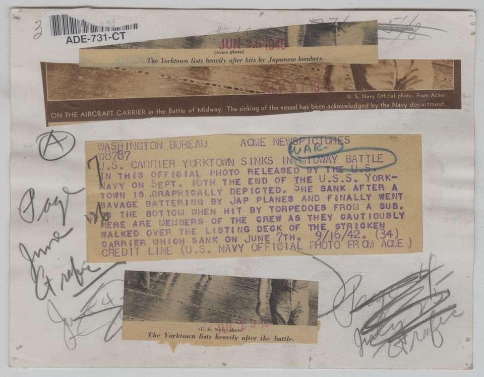 Vintage 1942 WWII Midway Battle USS Yorktown Sinks US Navy Official ...
