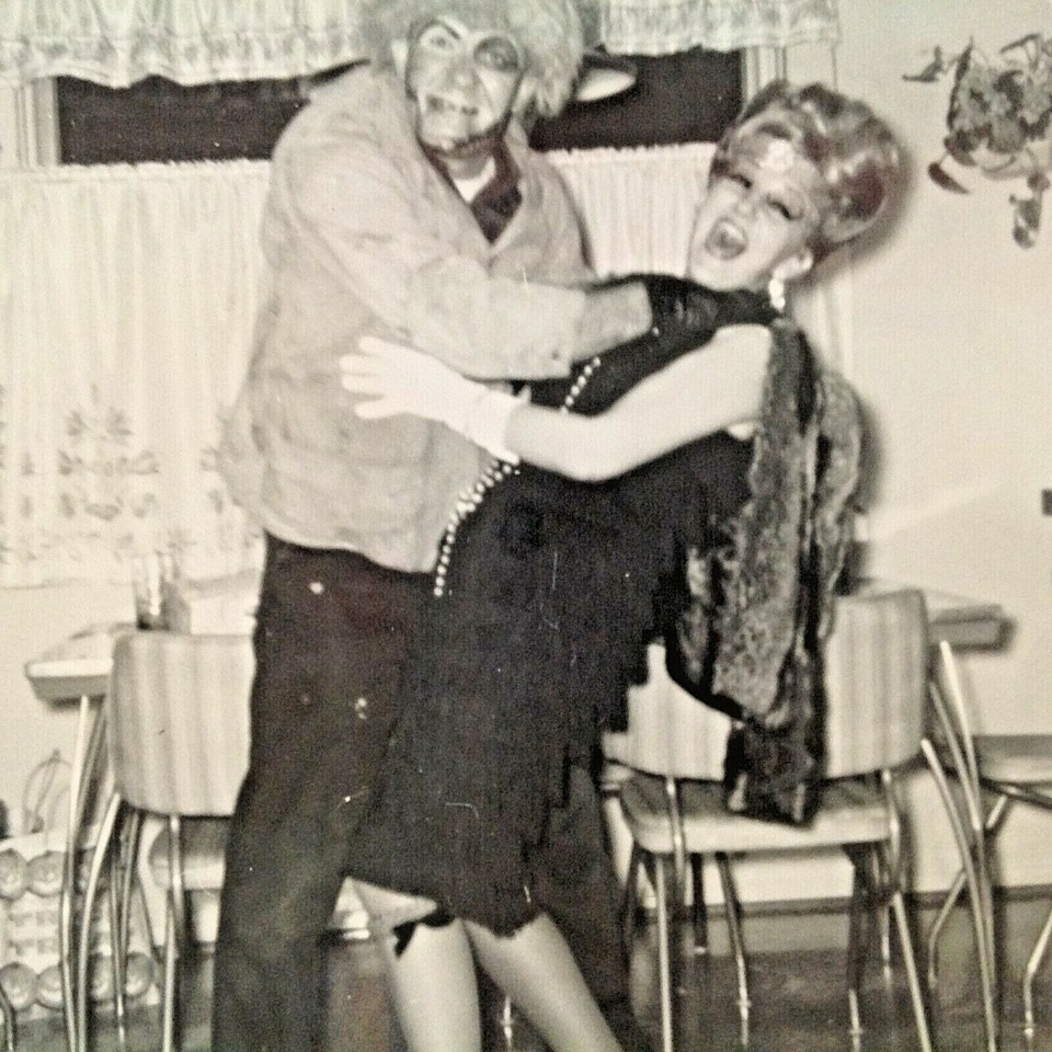 Vtg 1960's B&W Photo Halloween Kitchen Monster Man Strangler Fancy Lady ...