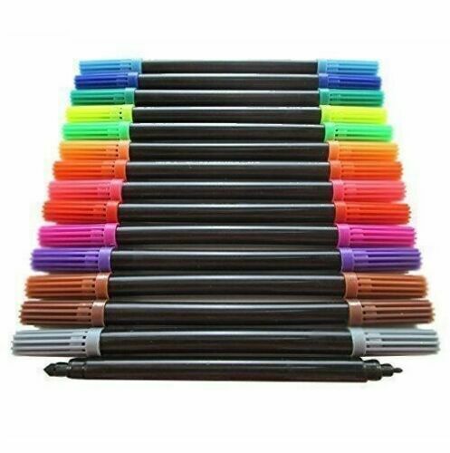 12 Double Ended Felt Tip Pens Dual Thick Thinner Adult Kids Colouring ...