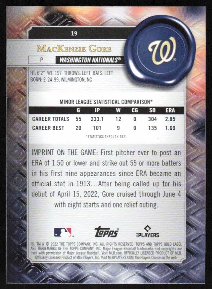 2022 Topps Gold Label MacKenzie Gore Washington Nationals #19 | eBay