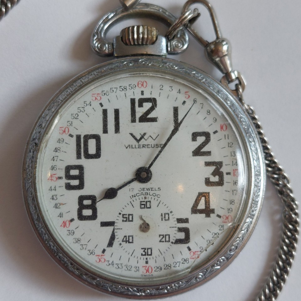 Vintage Villereuse 17j Mens Stainless Steel Pocket Watch Railroad Case ...
