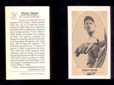 1992 Sports Card News DIZZY DEAN St Louis Cardinals Tobacco Reprint ...