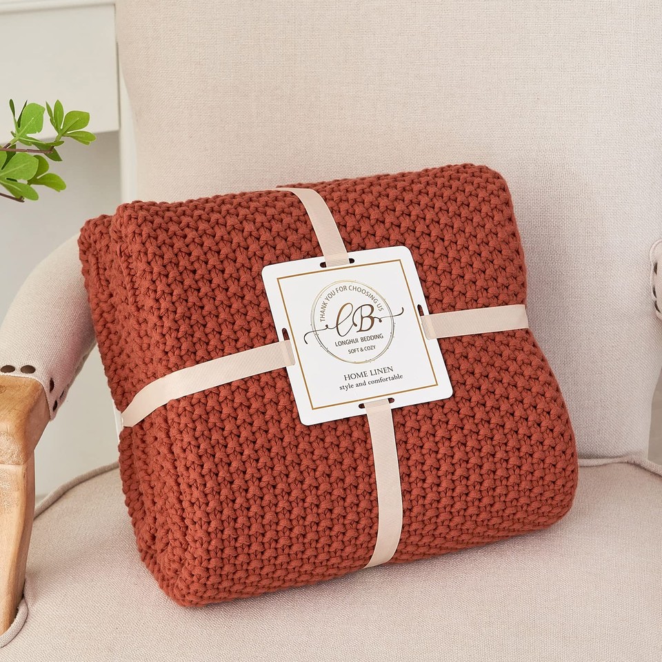 Chunky Cable Knit Throw Blanket Lightweight Rust 100% Organic Cotton ...