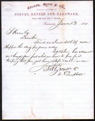 Gillig Mott & Co - 1870 Sacramento Ca - Stoves Hardware - Rare Letter ...