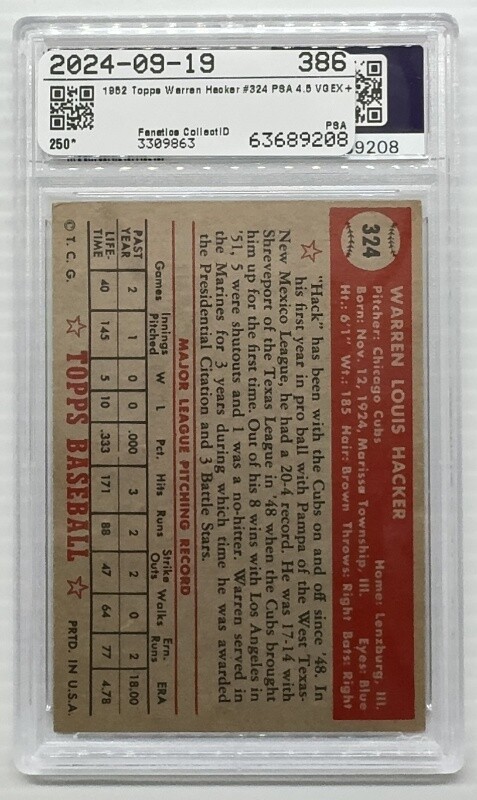 1952 Topps Baseball Warren Hacker #324 PSA 4.5 Chicago Cubs VG-EX+ | eBay
