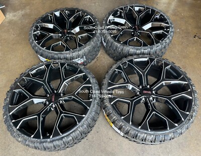 26” SNOWFLAKE BLACK MILLED WHEELS 33” MT Mud TIRES Tahoe Silverado ...