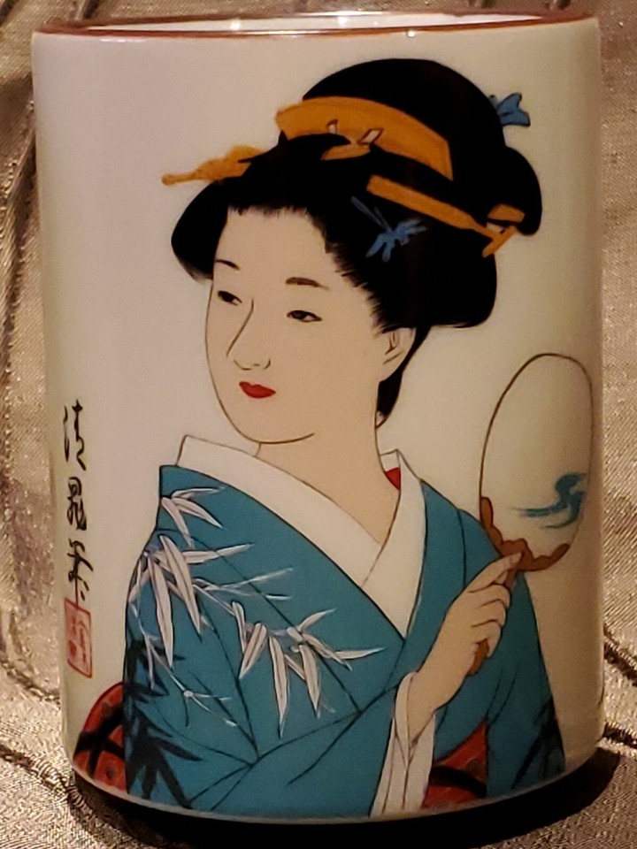 Hand Painted Japanese Geisha Tea Cups Ceramic Multicolor 2 Cup Set | eBay