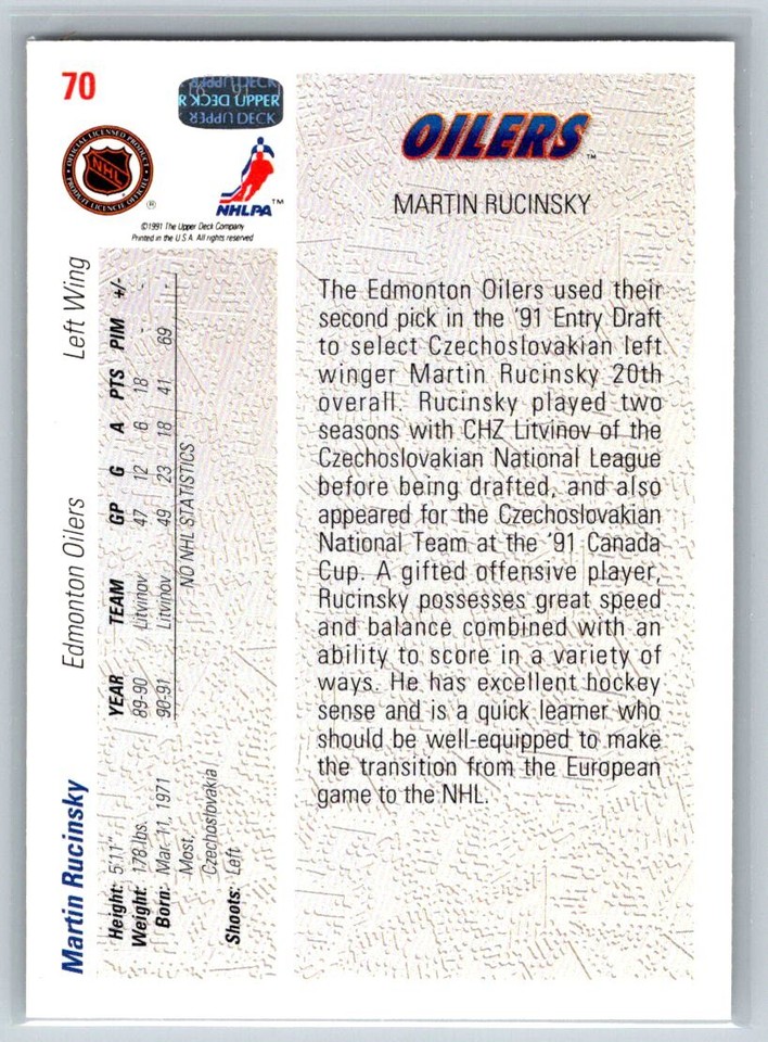 1991-92 Upper Deck #70 Martin Rucinsky Edmonton Oilers Rookie Hockey ...