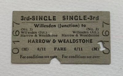 Vintage 1950s BTC British Railway Train Ticket LONDON WILLESDON HARROW ...