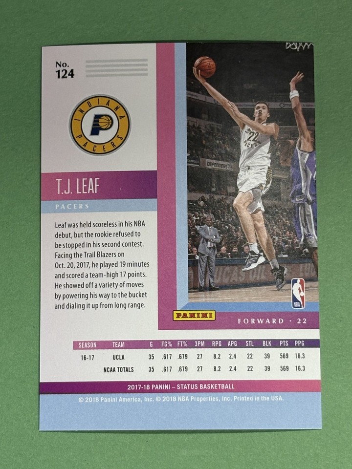 T.J. Leaf Rookie 2017-18 Panini Status Indiana Pacers #124 R302 | eBay