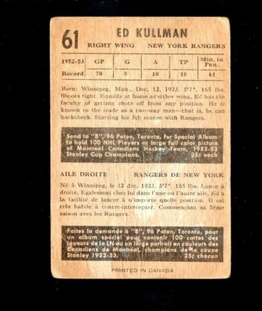 5438* 1953-54 Parkhurst # 61 Ed Kullman VG | eBay