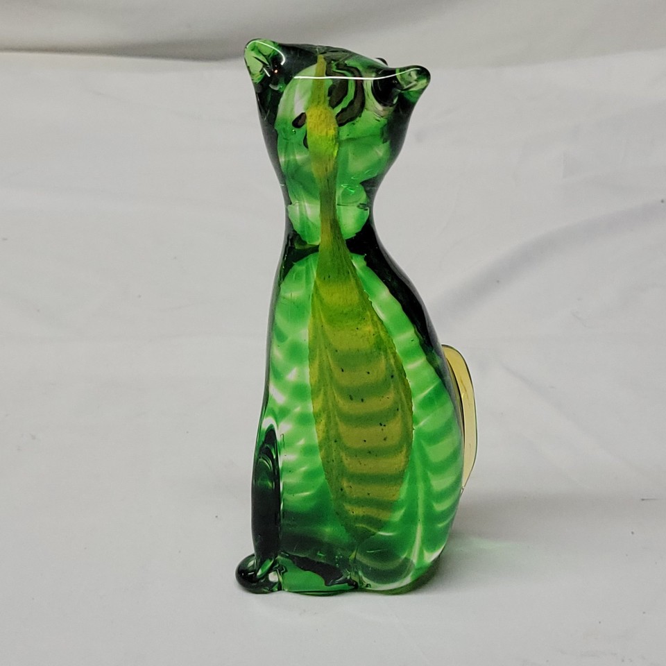 Vtg MCM VENETIAN MURANO ART 7" GLASS Green striped CAT Figure Italy ...