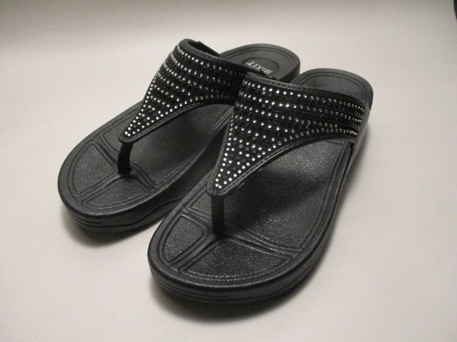 MIXIT Womens 6M Black T-Strap Rhinestone Upper Platform Wedge Flip Flop ...