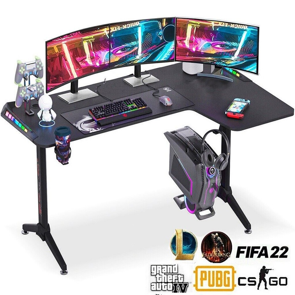 XXL LED Computer Gaming Desk Solid Steel Frame Straight Thick Plate ...