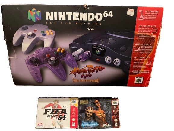 Nintendo 64 N64 Atomic Purple Controller Console Set Bundle CIB TESTED ...