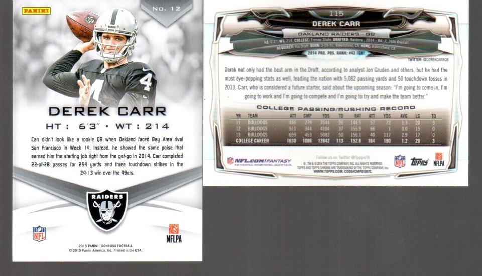 Derek Carr 2 Card Rookie Rc Lot 2013 Topps Chrome & Donruss Elite ...