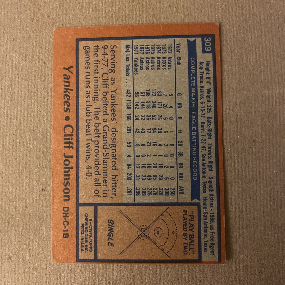 1978 Topps Baseball Cliff Johnson New York Yankees Card #309 | eBay