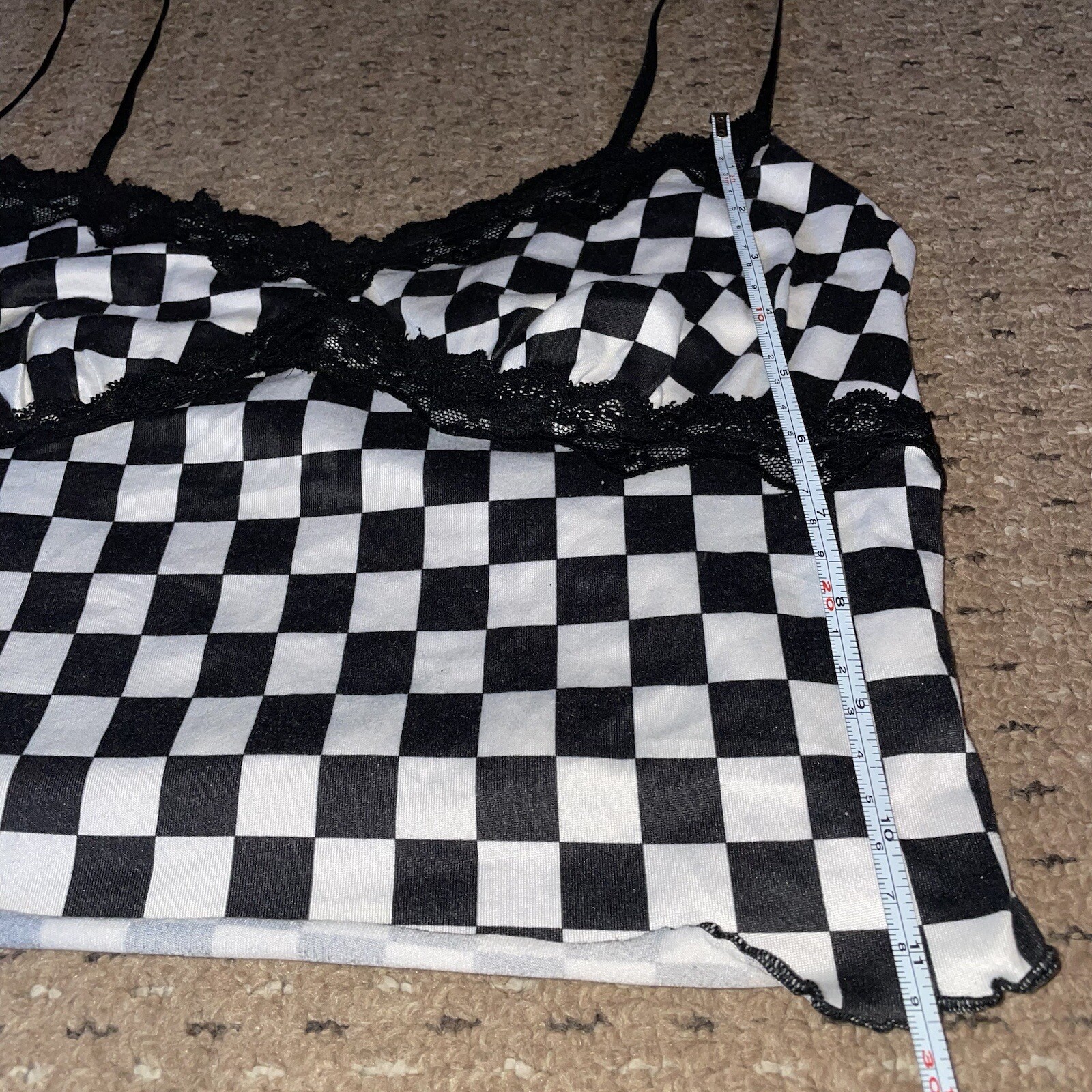 shein medium black white checkered sleeveless crop cami top w lace ...