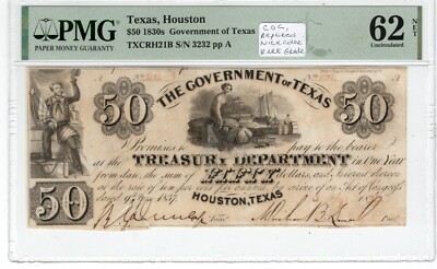 TX CR-H21B 1838 $50 - Govt of Texas Paper Money - PMG Uncirculated 62 ...