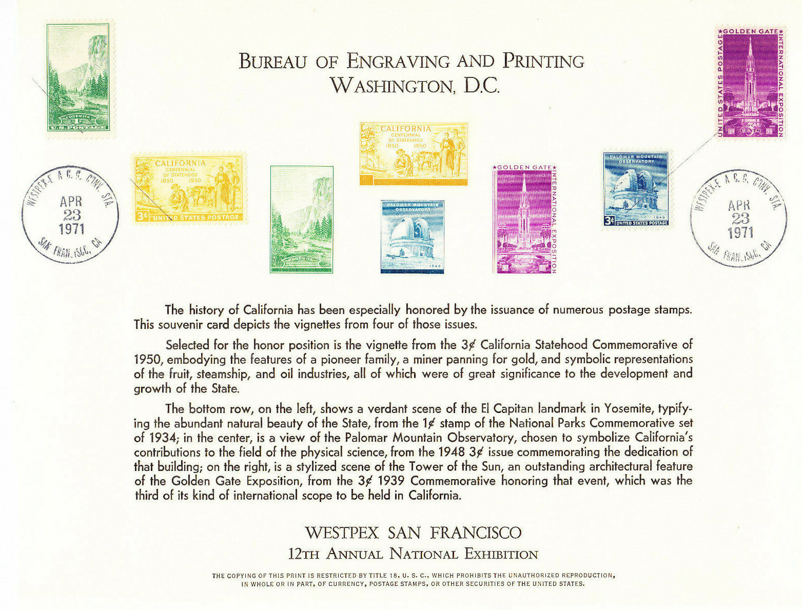 BEP B10 Souvenir Card WESTPEX 1971 #s 740 852 966 997 California Show ...