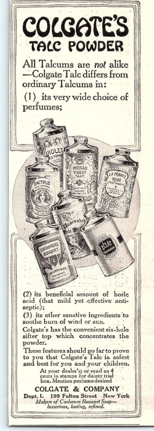1913 Colgate's Talc Talcum Powder Perfume Vintage Print Ad | eBay